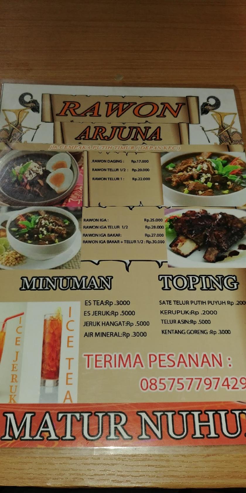 Menu at Rawon Arjuna restaurant, Jakarta, Jl. Cemp. Putih Tim. No.131