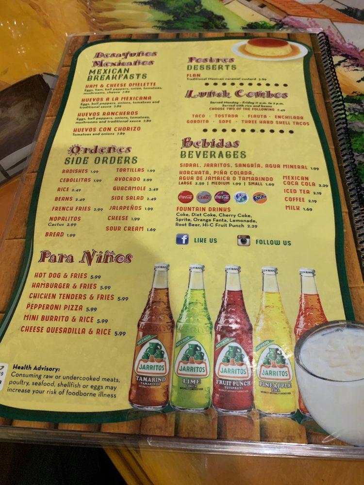 Menu at Señor Tacos restaurant, Lafayette