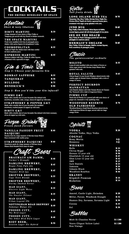Menu at Space Cocktails & Crafts pub & bar, Centurion