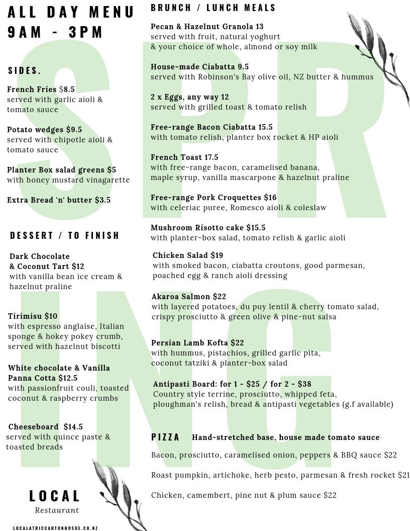 Menu at The Quarters at Riccarton House restaurant, Christchurch