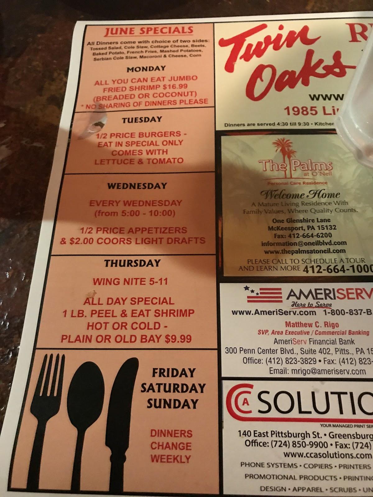 Menu at Twin Oaks Lounge pub & bar, White Oak, Lincoln Way