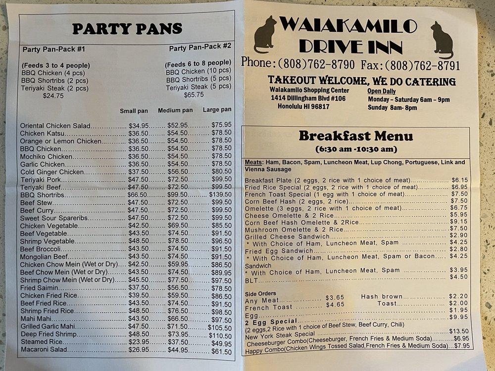 Menu at Waiakamilo Drive Inn BBQ, Honolulu