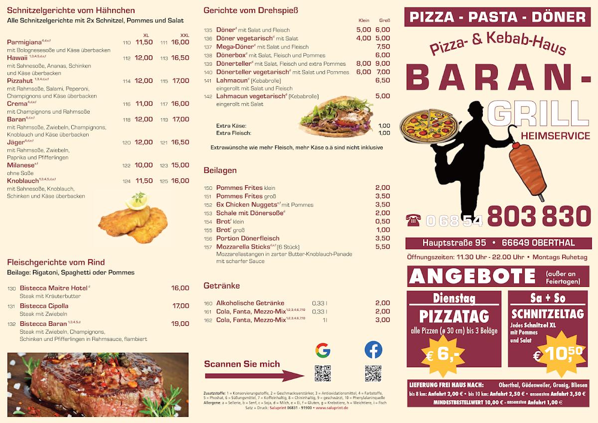 Speisekarte von Baran-Grill Pizza Pasta Döner, Oberthal