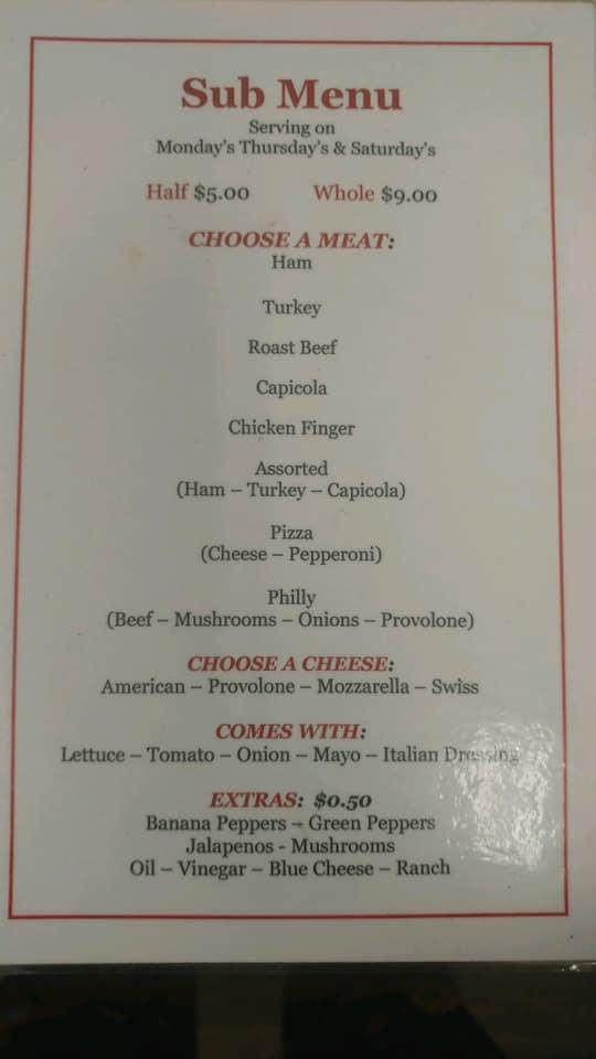 Menu at Fred's restaurant, Fredonia