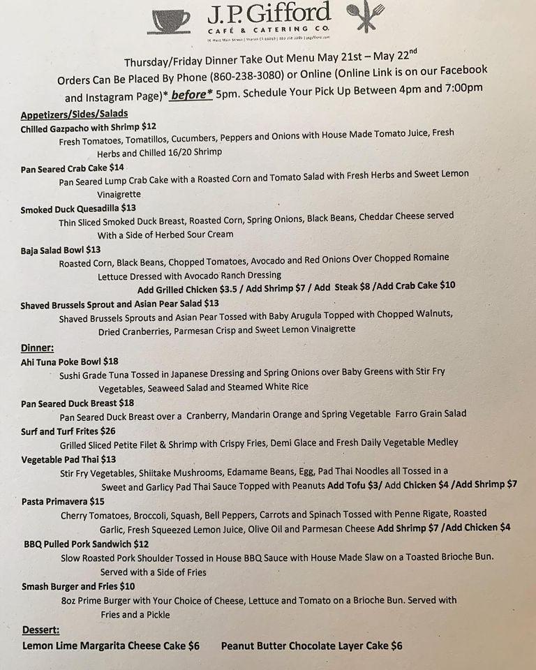 Menu at J.P. Gifford Café and Catering Co. cafe, Sharon
