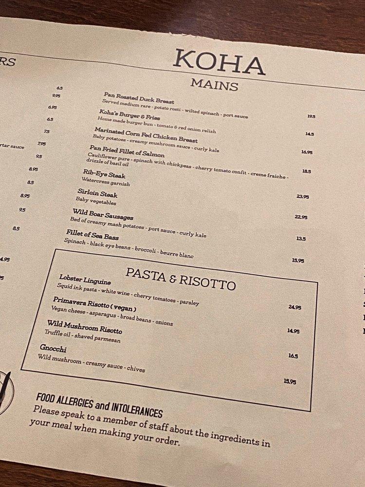 Menu at Koha Restaurant & Bar, London