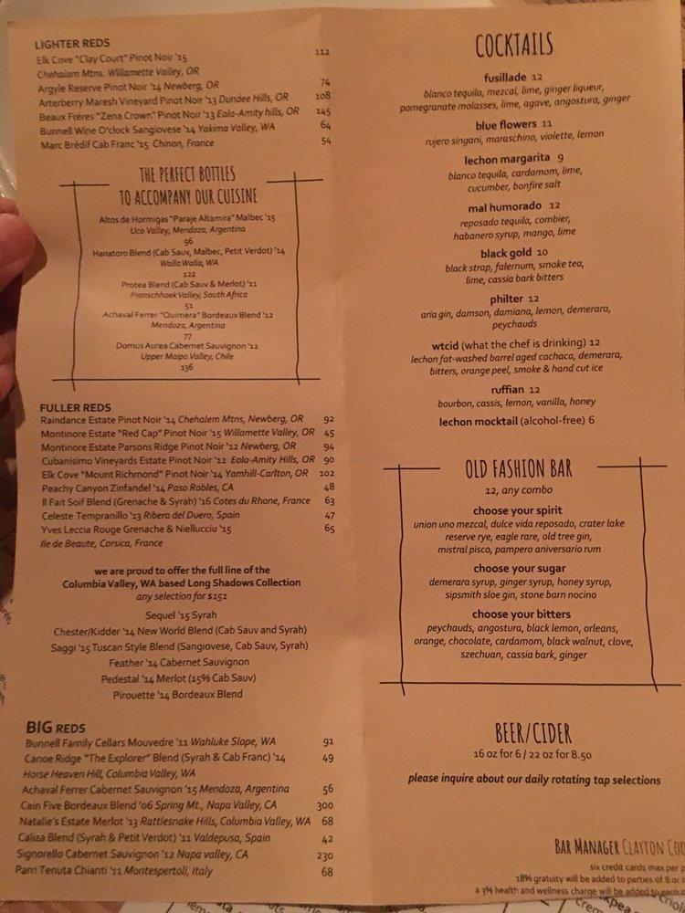 Menu at Lechon pub & bar, Portland