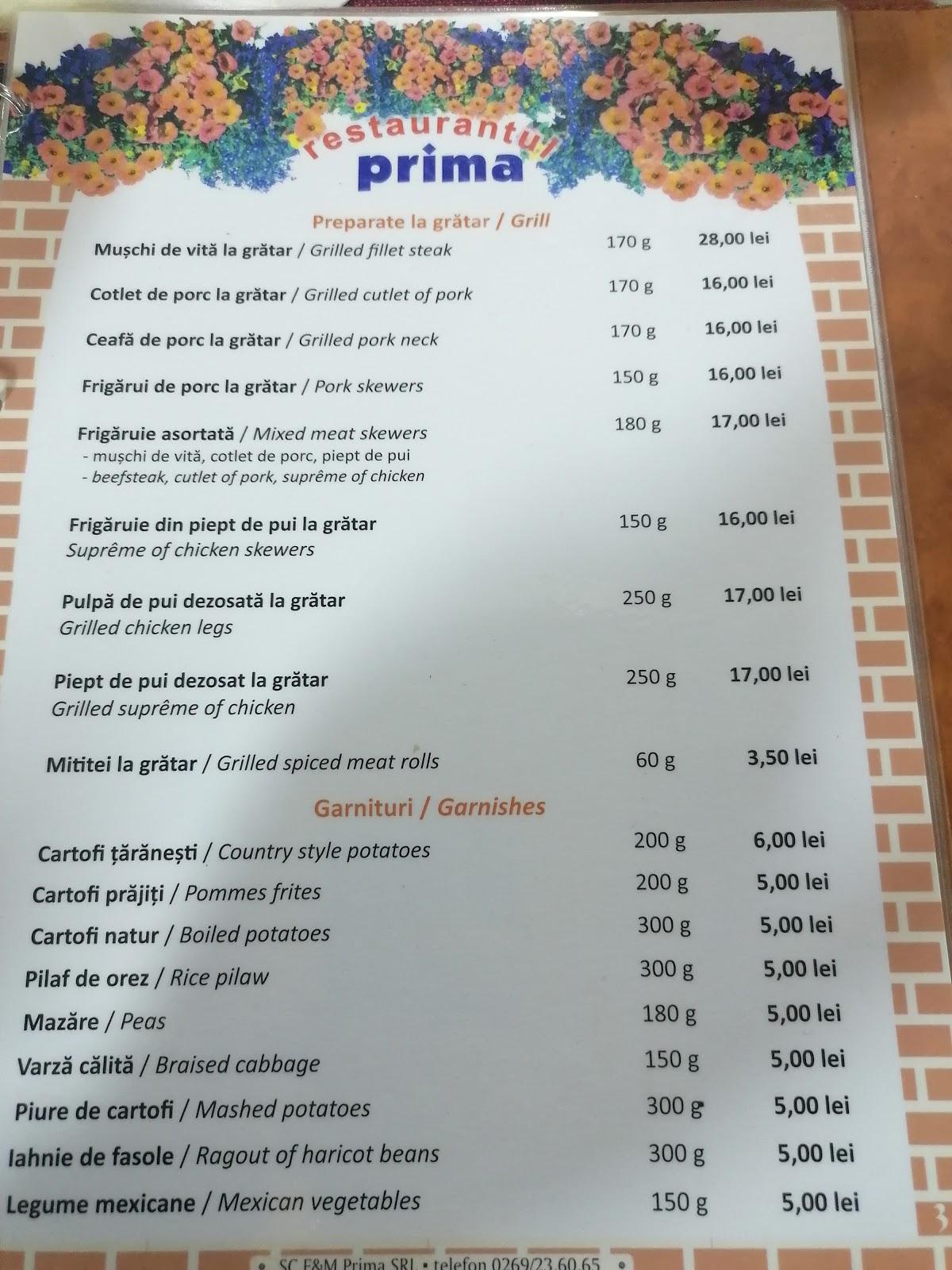 Menu at Restaurant Prima, Sibiu