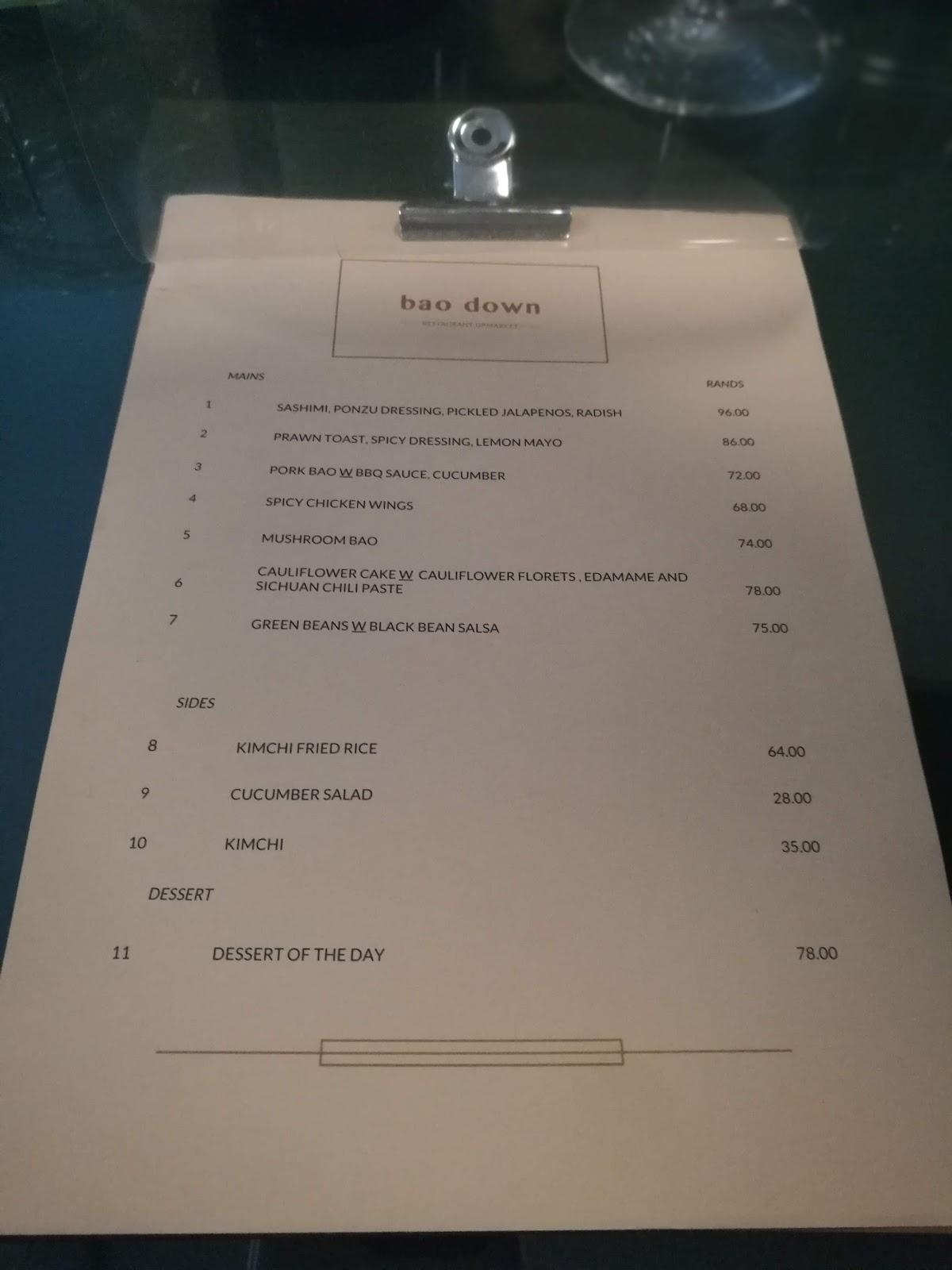 Menu at Bao Down restaurant, Cape Town, First Floor