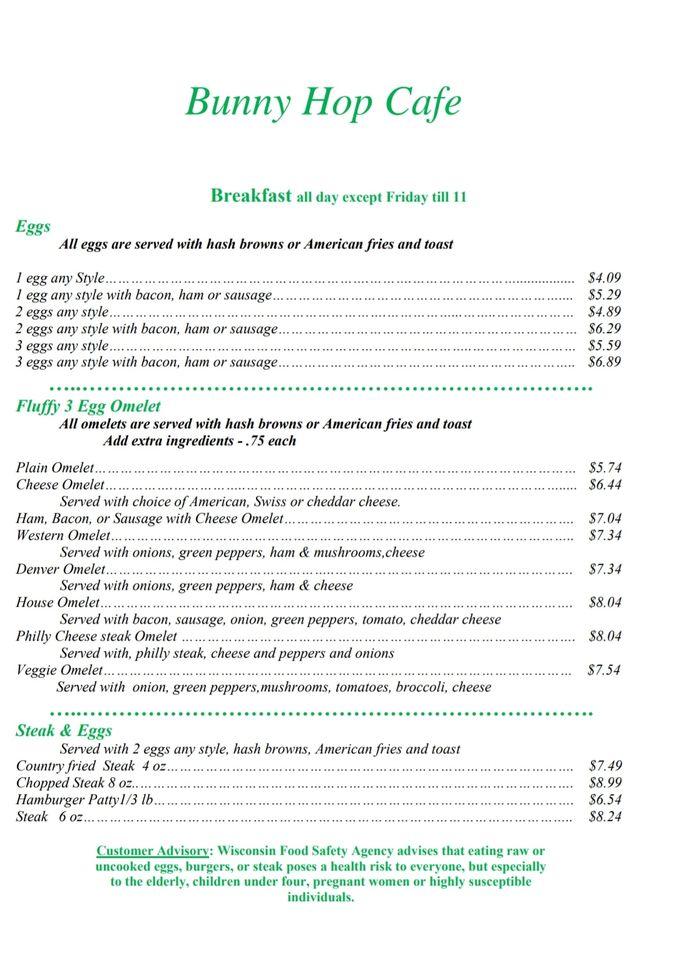 Menu at Bunny Hop Cafe, Junction City