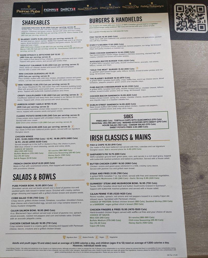 Menu at Fionn MacCool's pub & bar, Oshawa