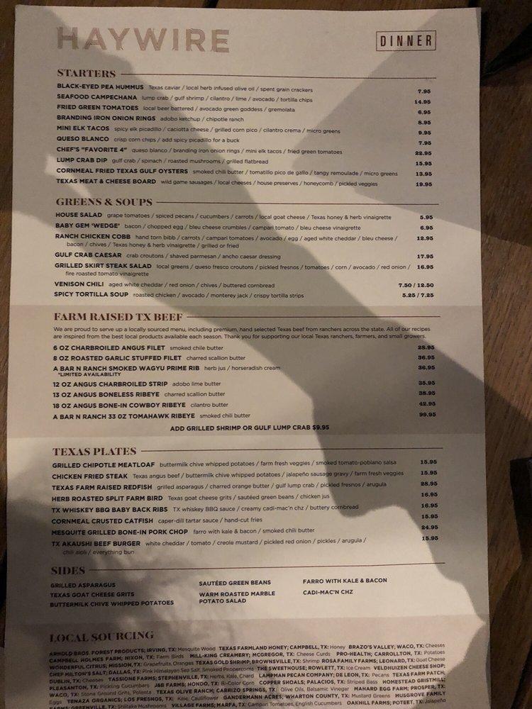 Menu at Haywire restaurant, Plano