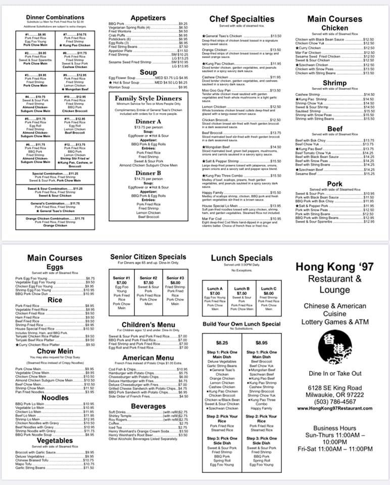 Menu at Hong Kong 97 Restaurant, Milwaukie, SE King Rd