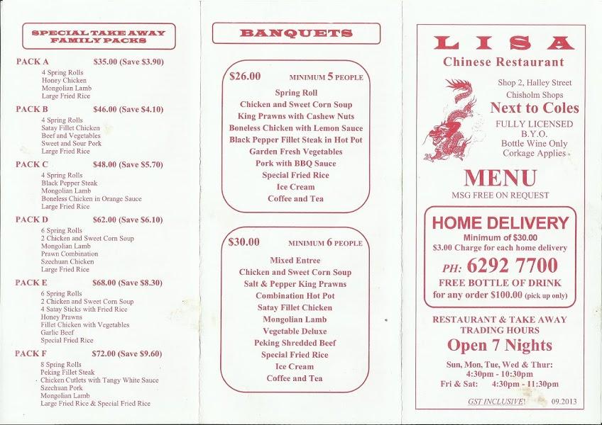 Menu at Lisa Chinese Restaurant - BYO, Chisholm