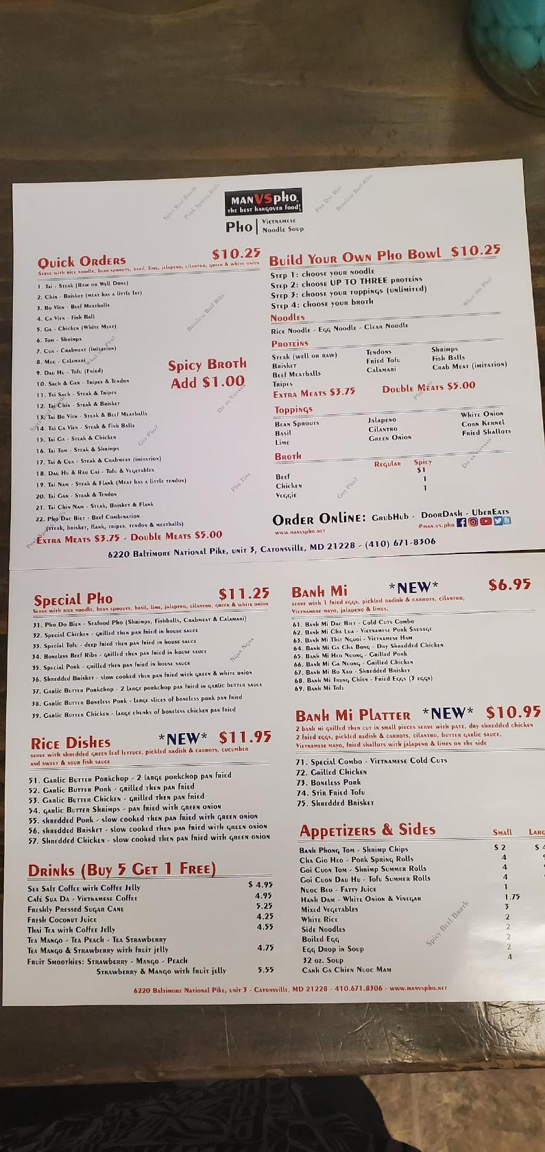 Menu at Man vs Pho restaurant, Catonsville