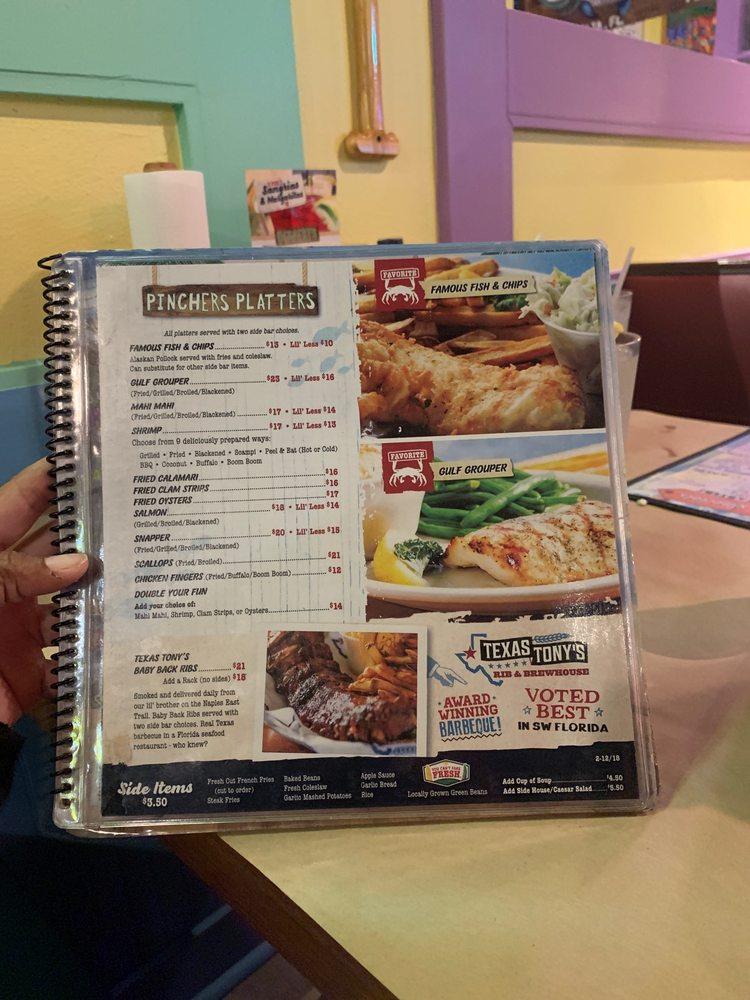 Menu at Pinchers restaurant, Venice, 900 Venetia Bay Blvd