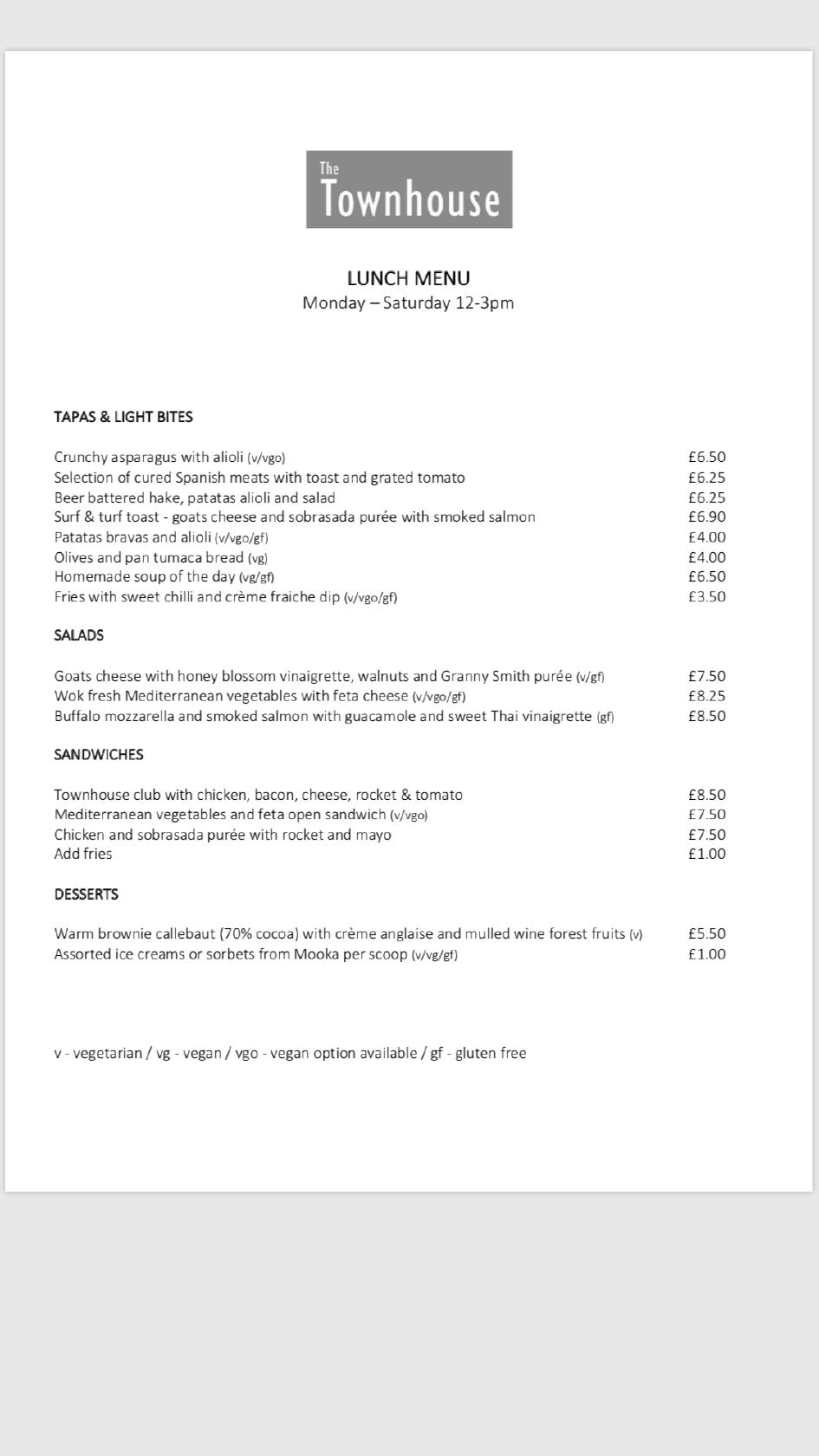 Menu at The Townhouse pub & bar, Petersfield
