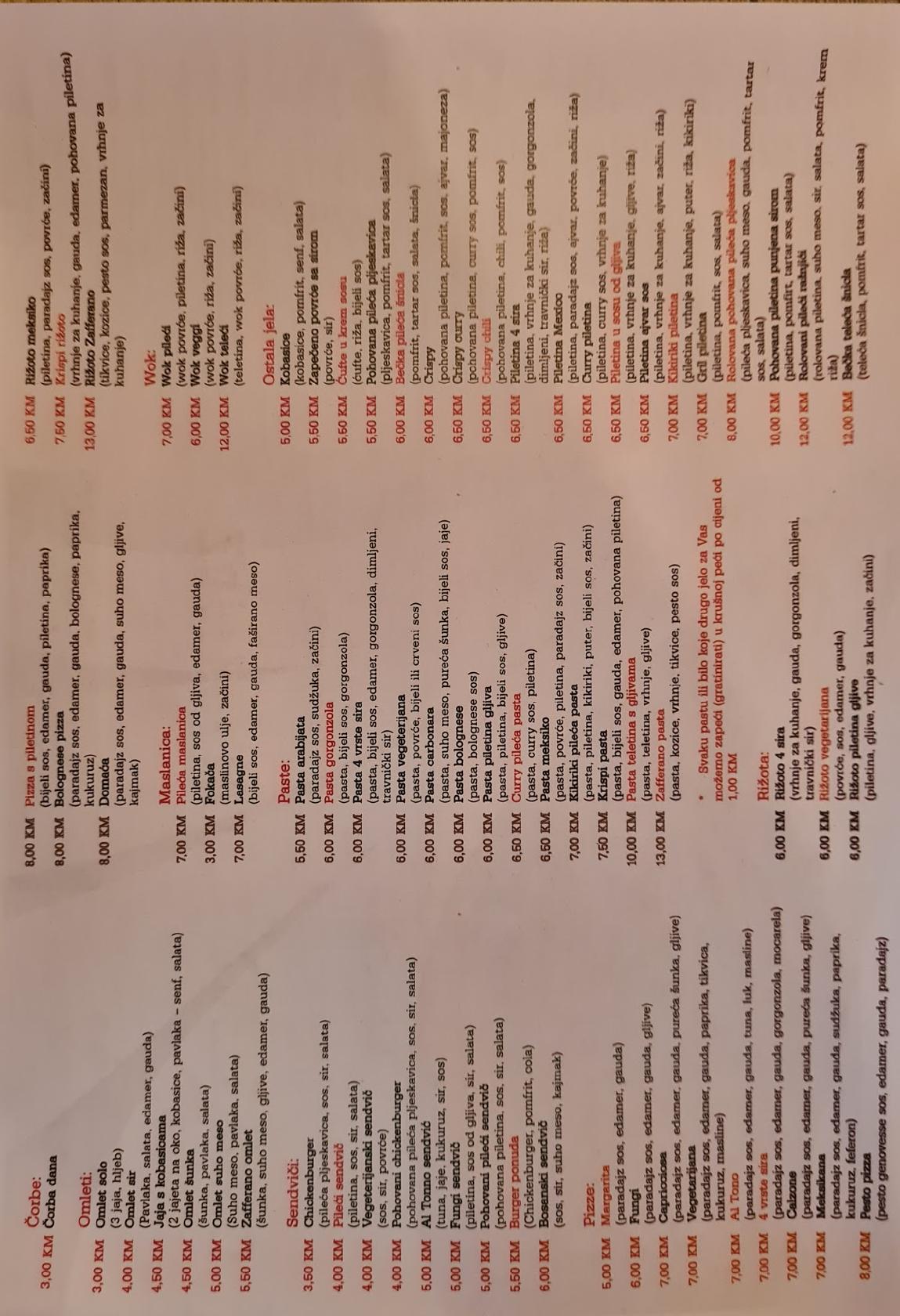 Menu at Zafferano restaurant, Sarajevo