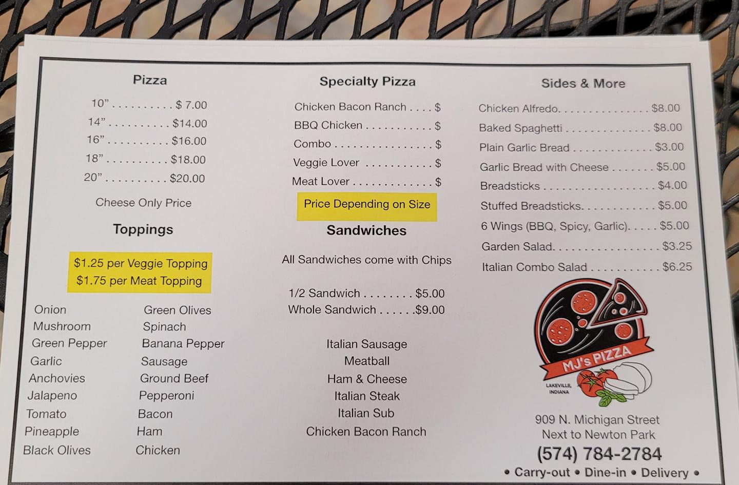 Menu at MJ’S PIZZA restaurant, Lakeville, 909 N Michigan St