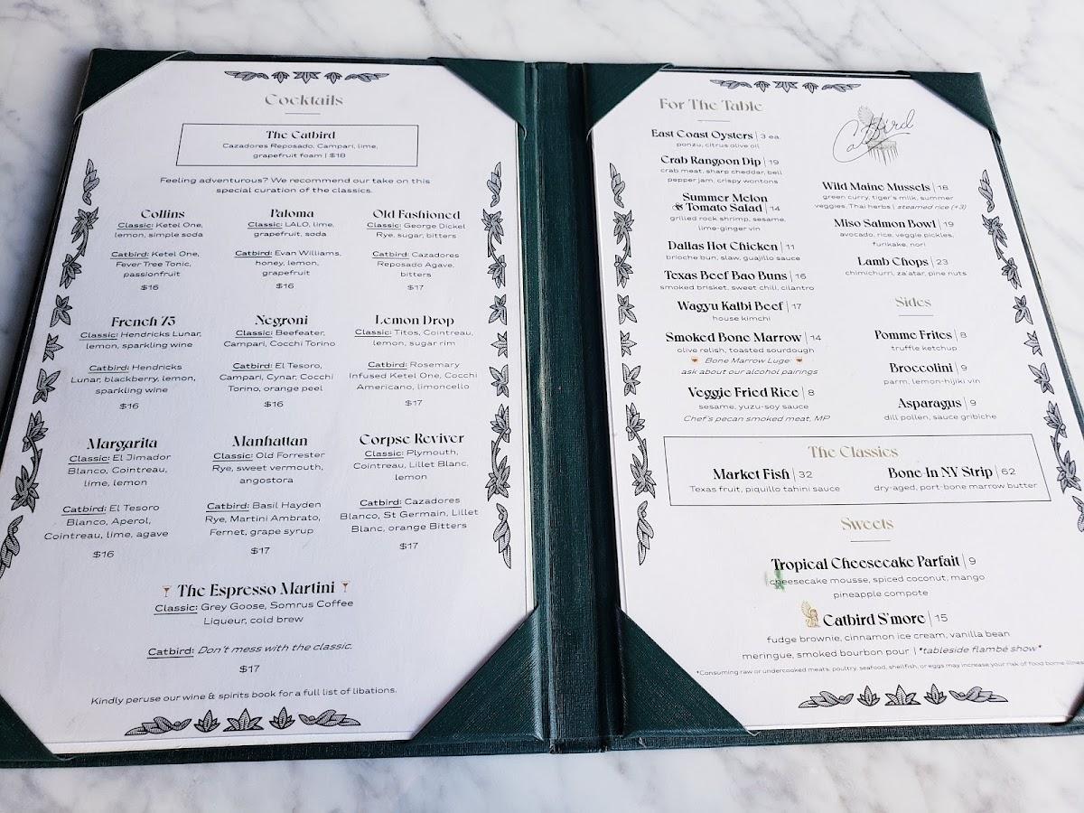 Menu at Catbird restaurant, Dallas