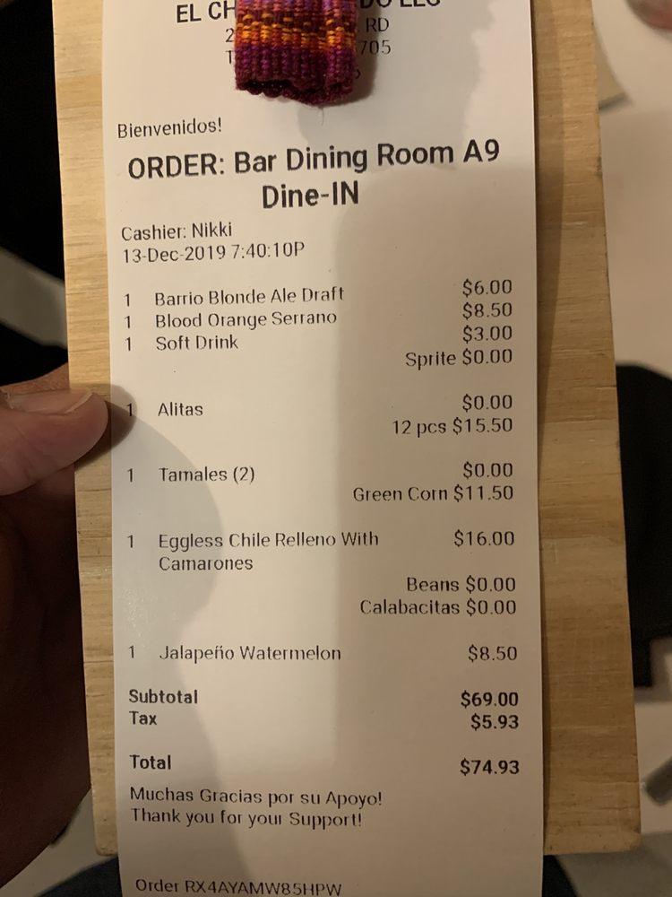 Menu at El Chinito Gordo restaurant, Tucson