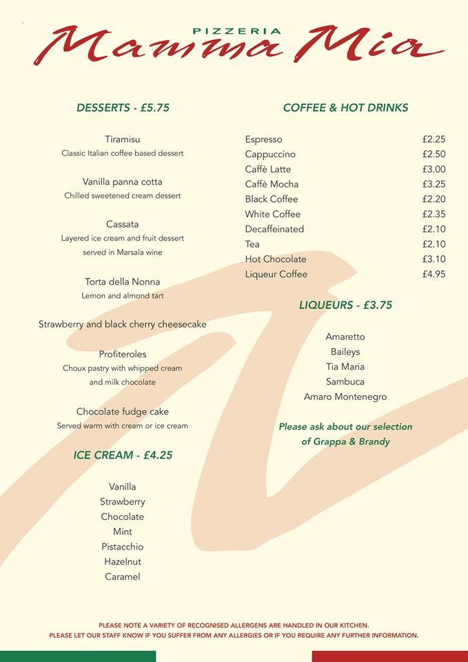 Menu at Pizzeria Mamma Mia, Southport
