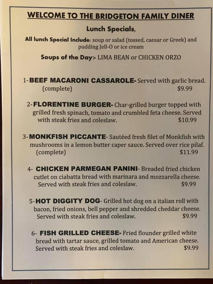 Menu at Bridgeton Family Diner restaurant, Bridgeton