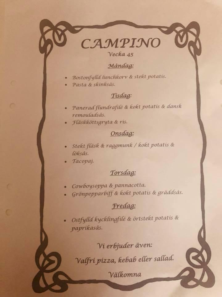 Menu at Campino restaurant, Sweden