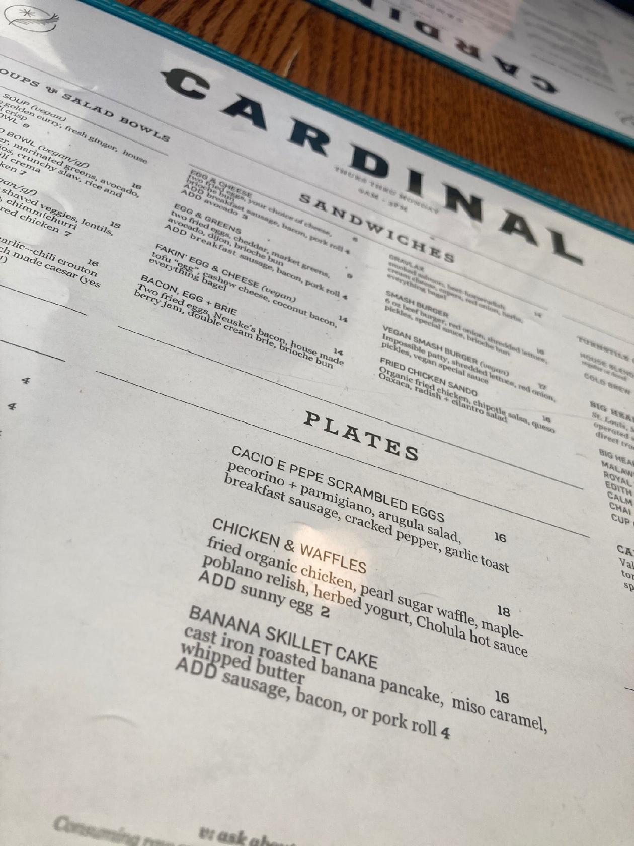 Menu at Cardinal Provisions restaurant, Asbury Park