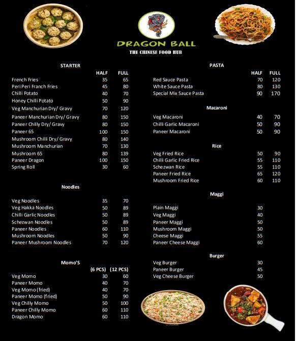 Menu at Dragon ball, Lucknow