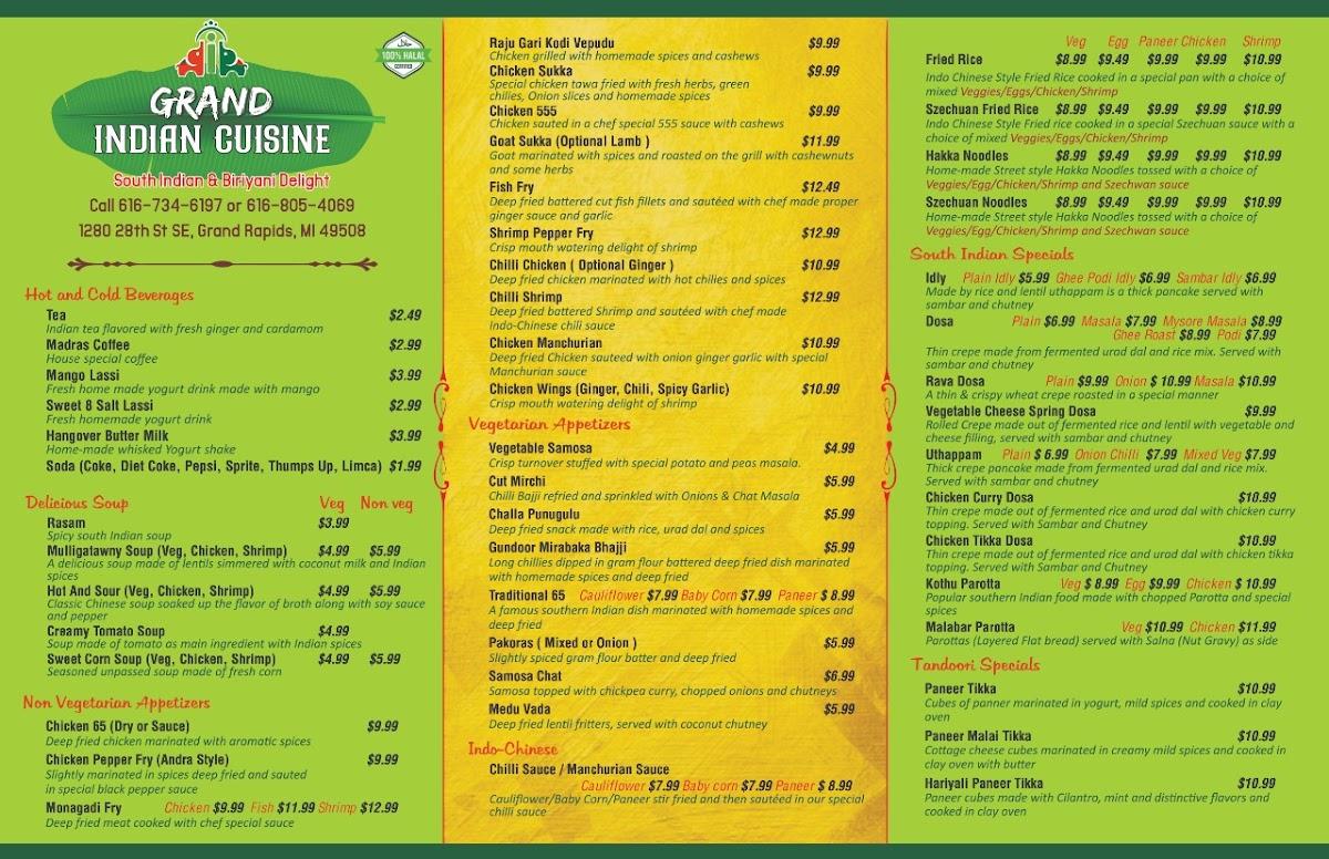 Menu at Grand Indian Cuisine restaurant, Grand Rapids