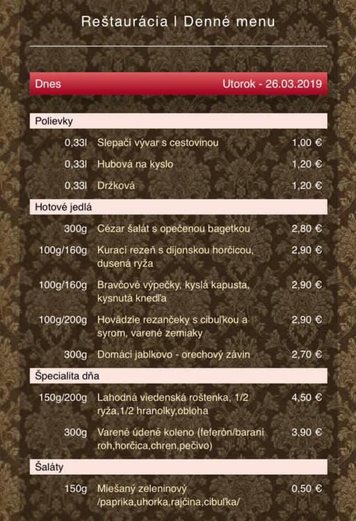 Menu at Hotel Moravec Café restaurant, Ilava