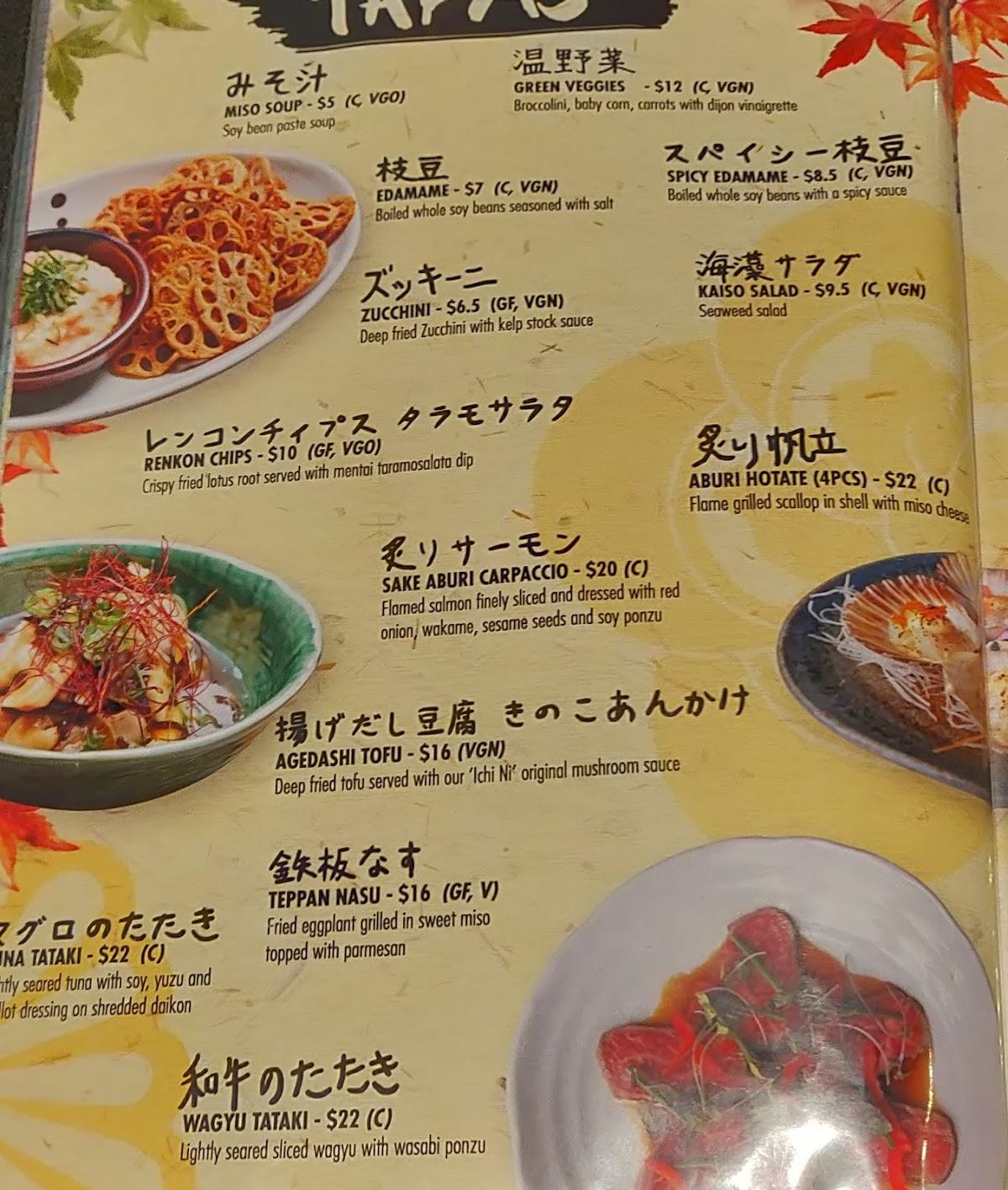 Menu at Ichi Ni restaurant, Saint Kilda