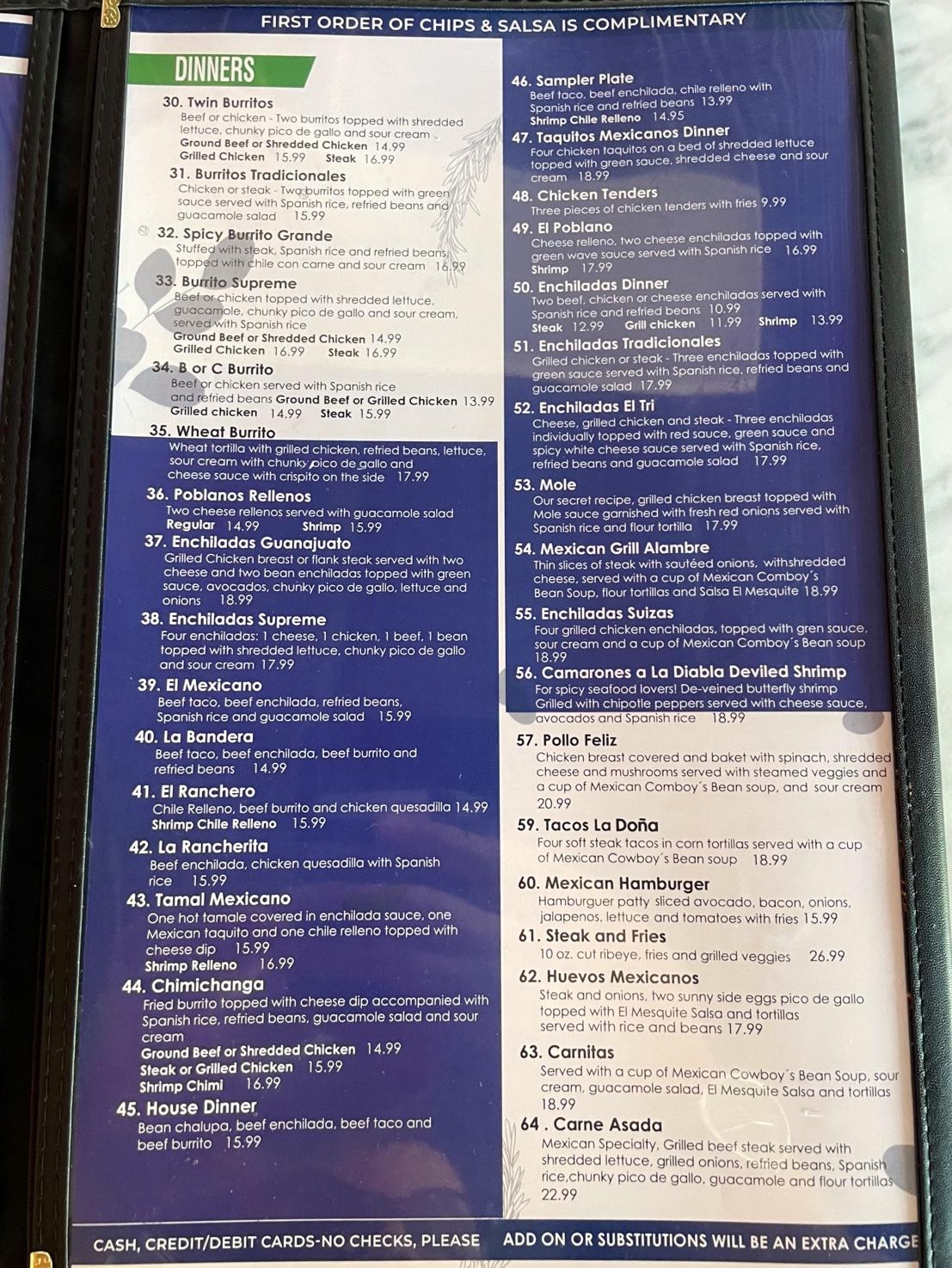Menu at La Doña restaurant, Marrero