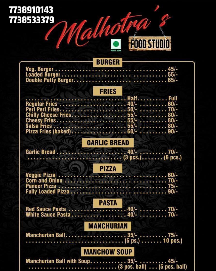 Menu at Malhotra's food studio, Mumbai