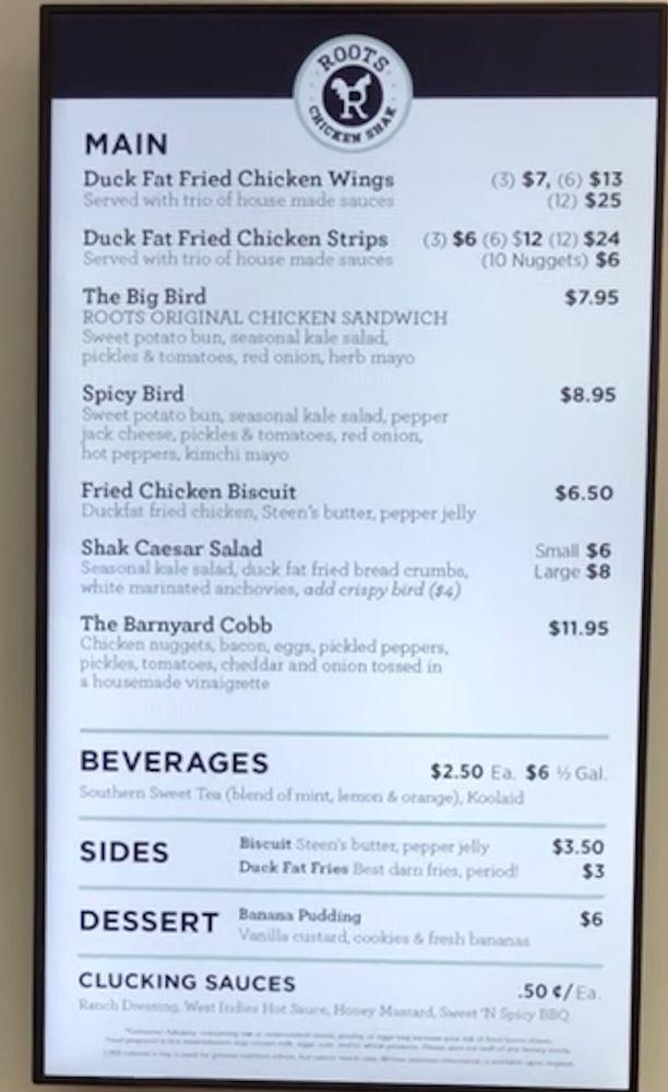 Menu at Roots Chicken Shak restaurant, Austin