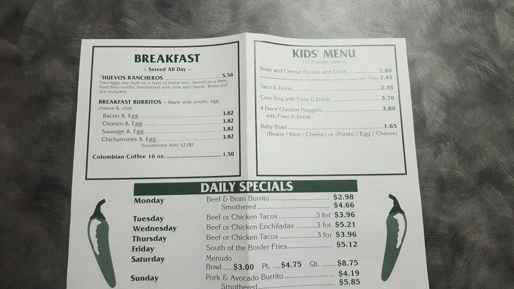 Carta del restaurante Taco Stop, Pueblo, Baltimore Ave