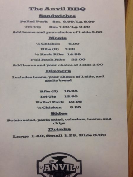 Menu at The Anvil BBQ, Porterville