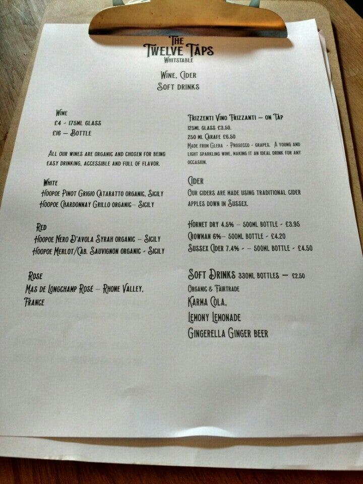 Menu at The Twelve Taps pub & bar, Whitstable