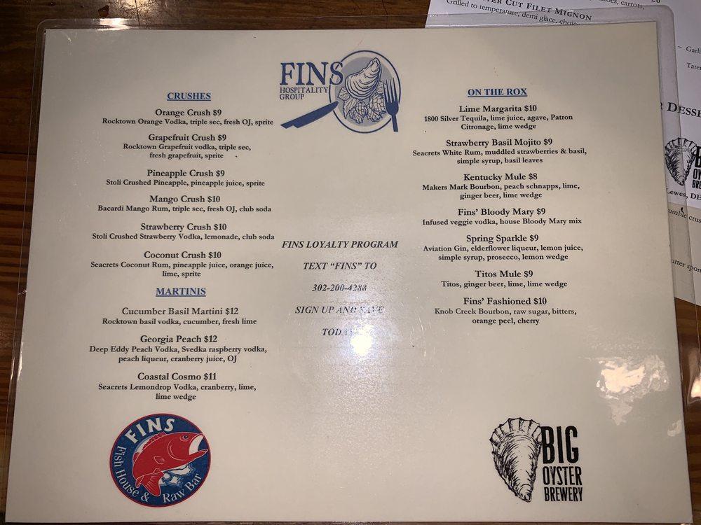 Menu at FINS Fish House & Raw Bar, Rehoboth Beach, 243 Rehoboth Ave