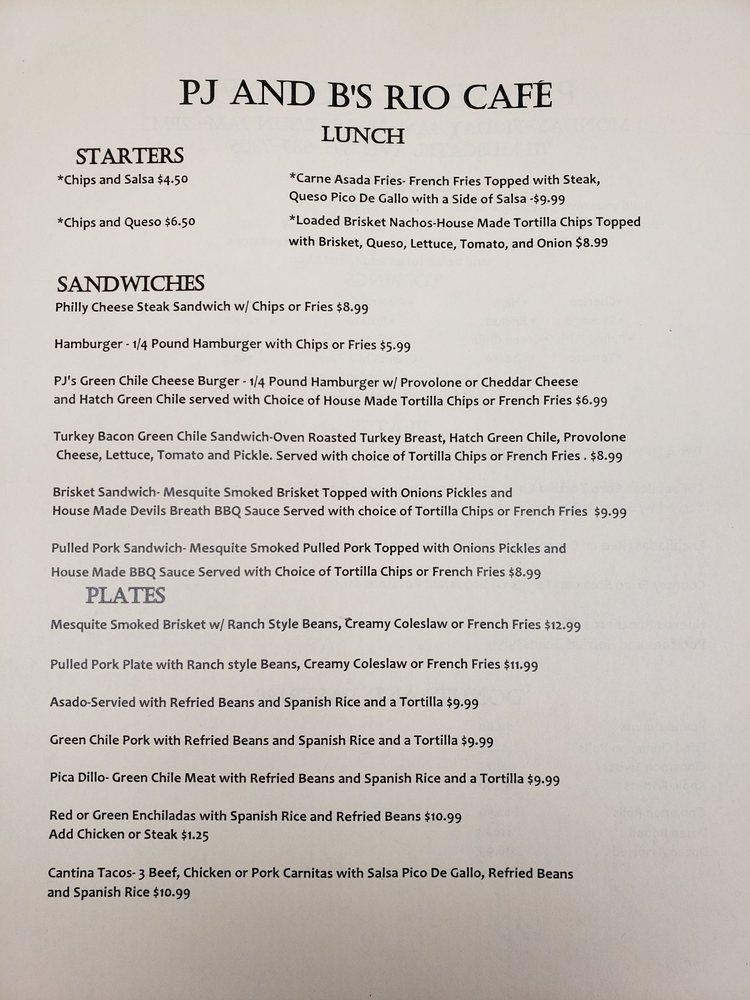 Menu at PJ and B’s Rio Cafe, Carlsbad