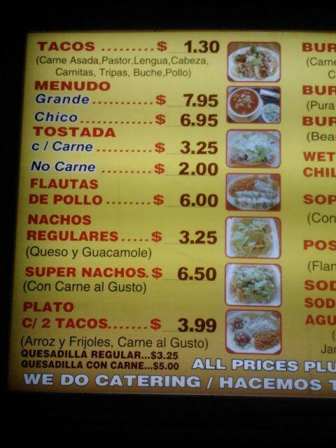 Menu at Sergio's Tacos restaurant, East Los Angeles, E Olympic Blvd
