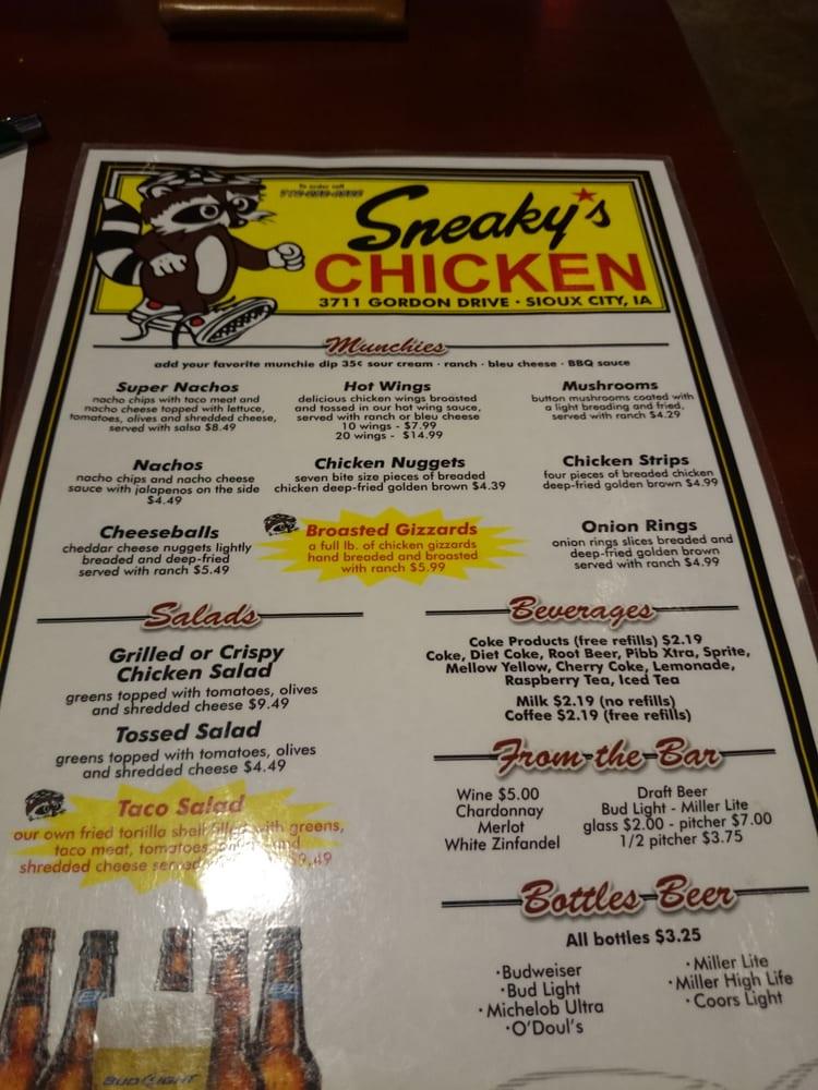 Menu at Sneaky's Chicken restaurant, Sioux City