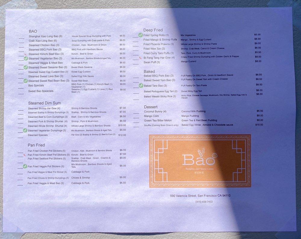 Menu at bao restaurant, San Francisco, 590 Valencia St