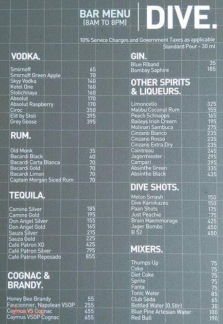 Menu at BKC DIVE., Mumbai