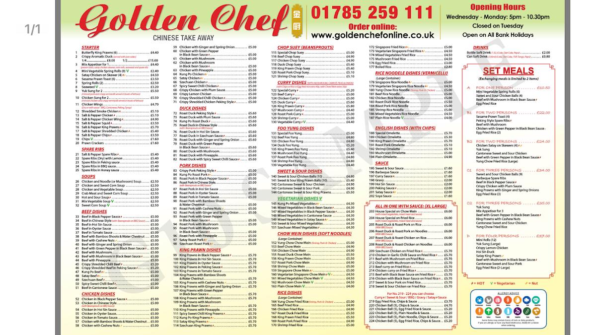 Carta del restaurante GOLDEN CHEF Chinese Takeaway, Stafford