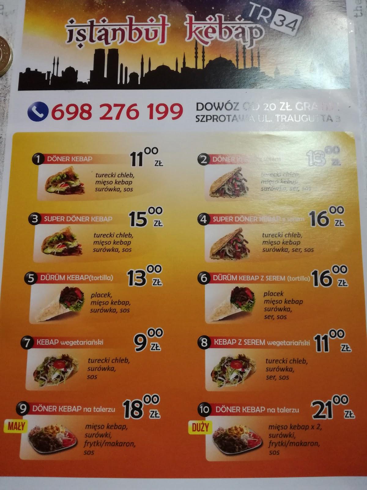 Menu at Istanbul Kebap restaurant, Szprotawa