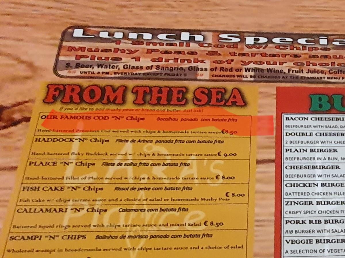 Menu at Lara's Plaice restaurant, Albufeira