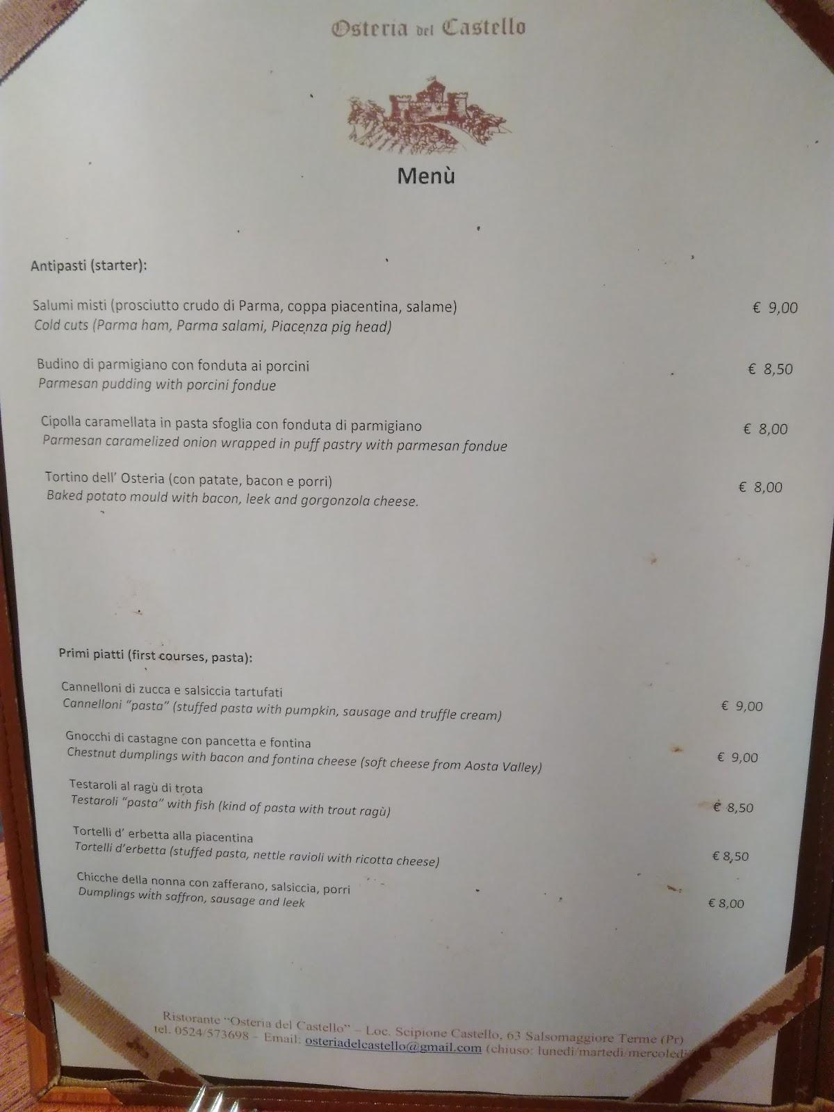 Menu da Ristorante Osteria Del Castello, Salsomaggiore Terme