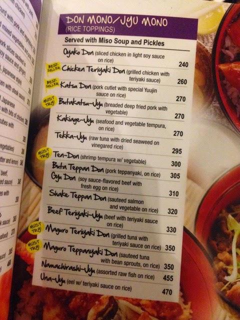 Menu at Yuujin restaurant, San Juan
